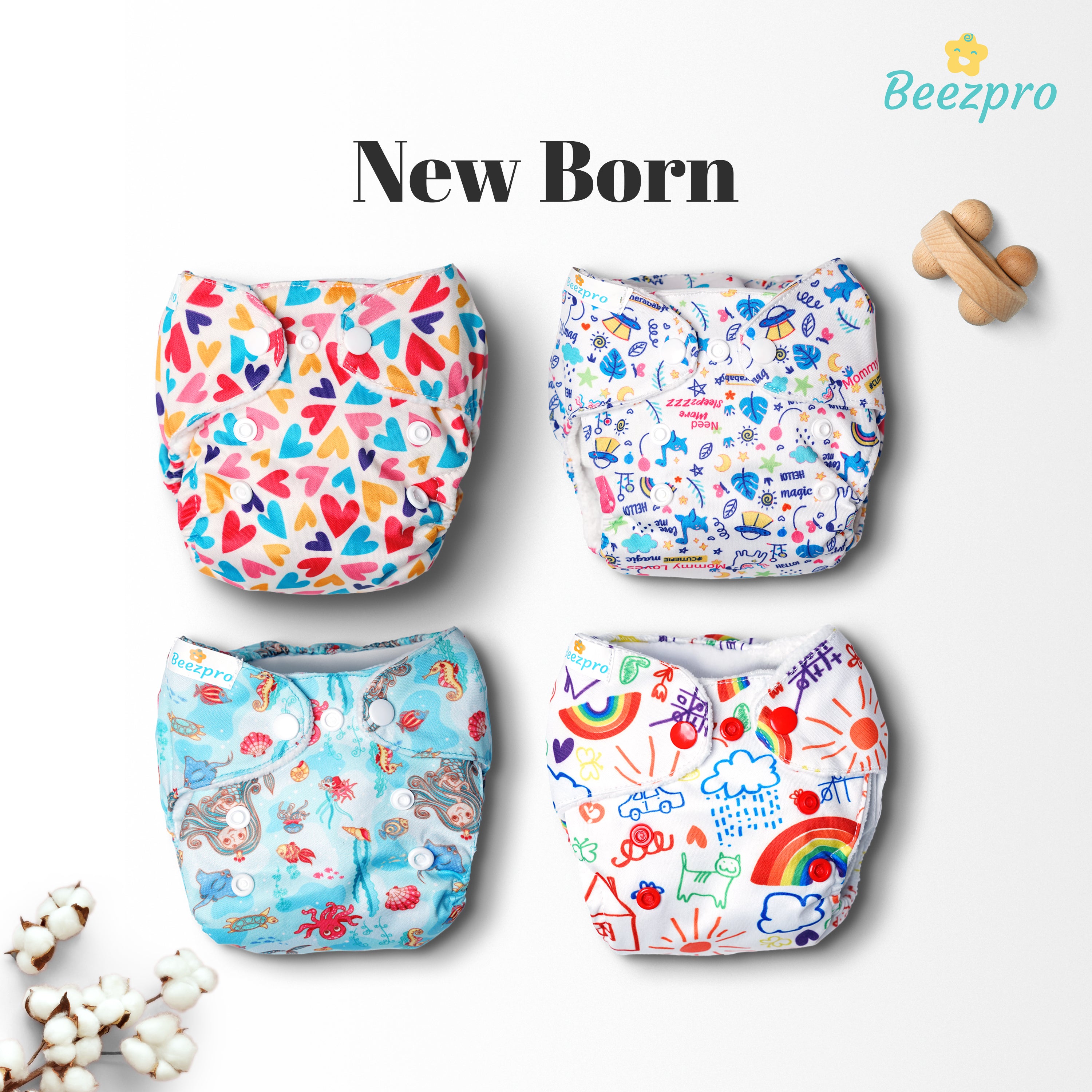 (Pack of 4) New Born Reusuable Cloth Diaper (Mixed Colors Only) – Beezpro