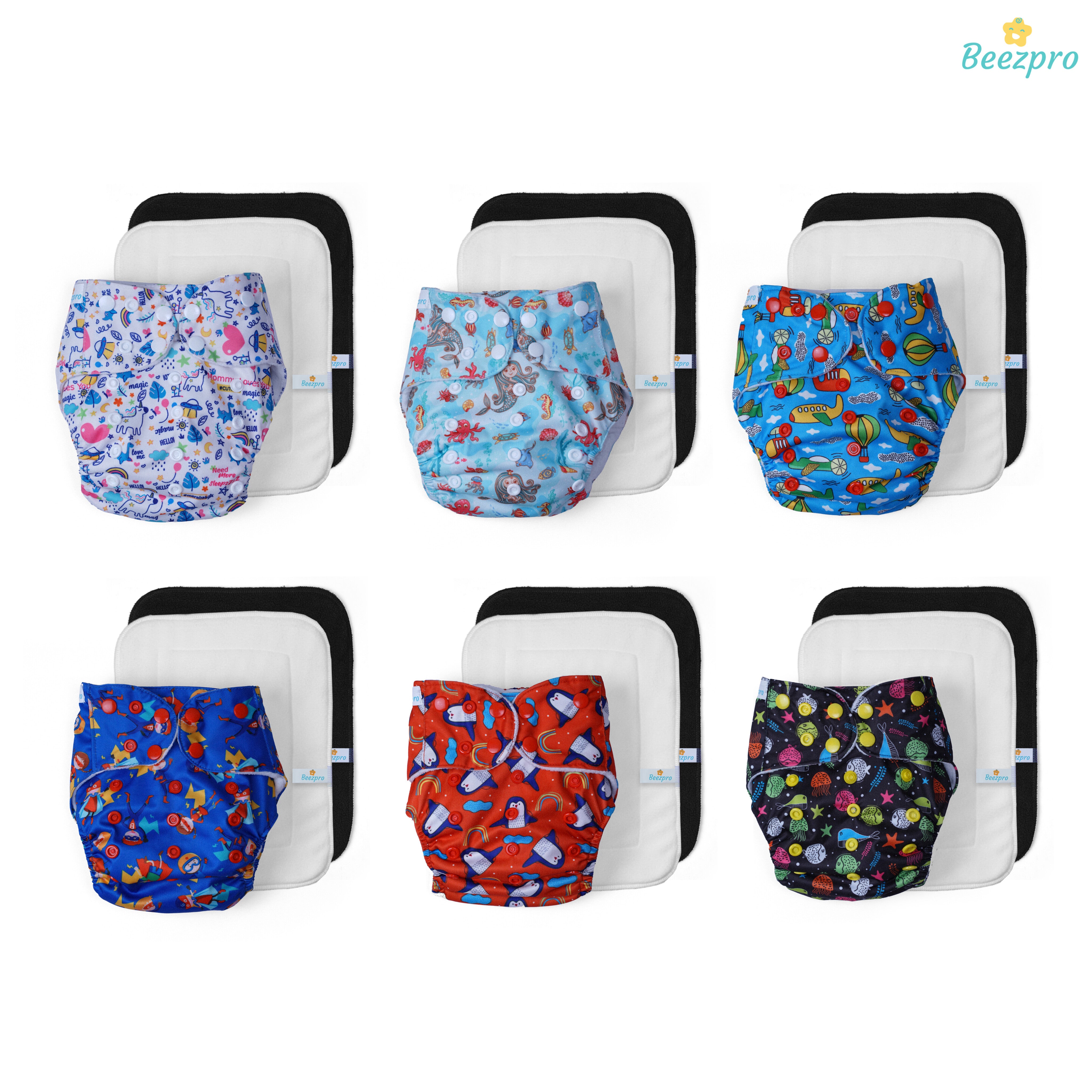 (Pack of 6) Reusuable cloth diapers (Mixed Colours Only) – Beezpro